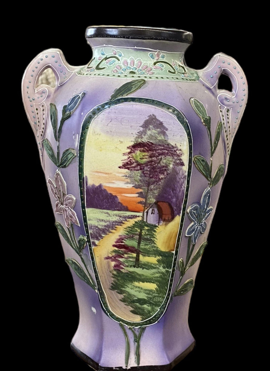 Double Handled Flower Vase Antique Moriage Vintage Japanese Floral Rai ...